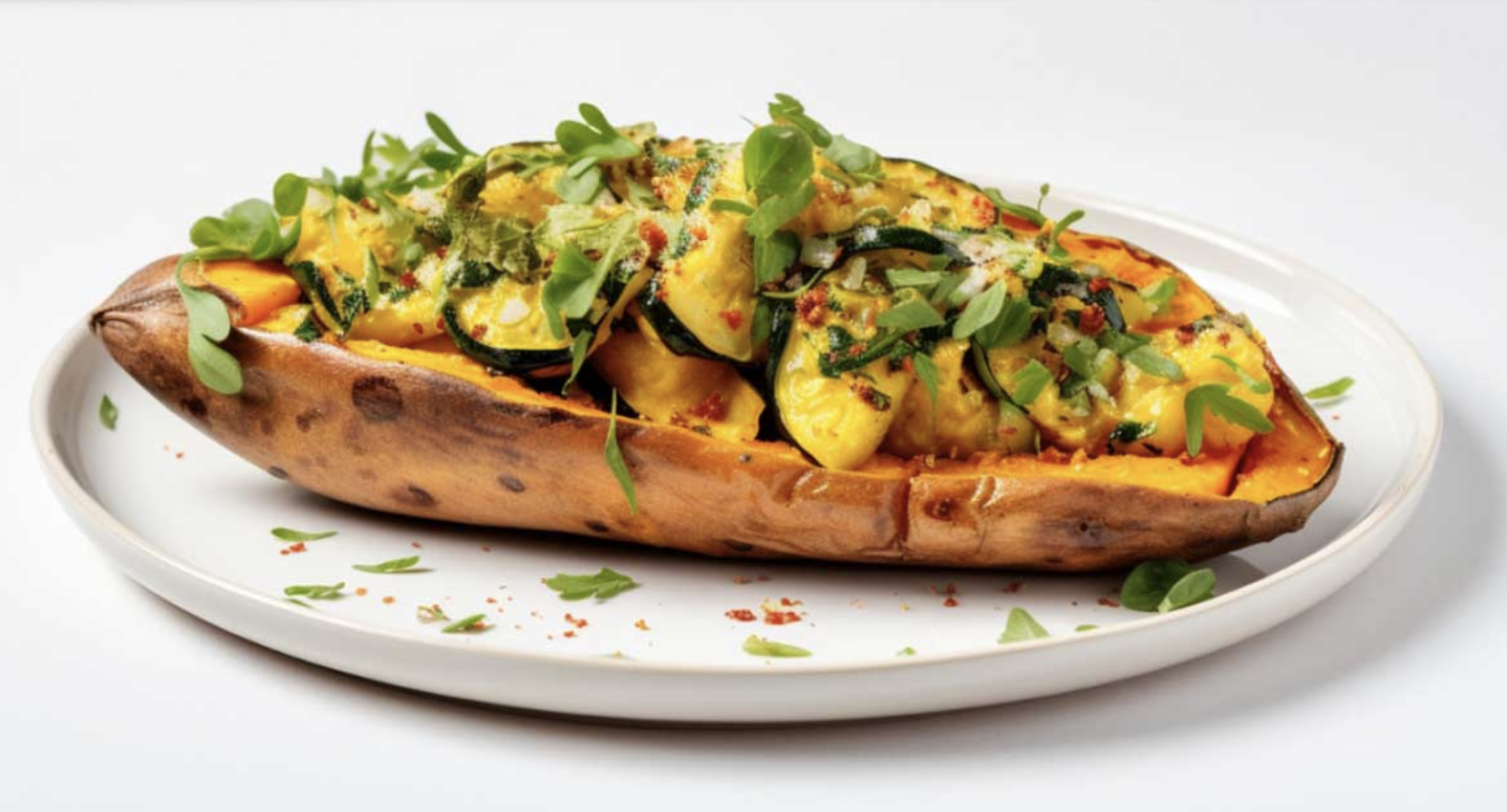 Baked Sweet Potato with Zucchini & Cooling Herb Drizzle - Path Wellbeing